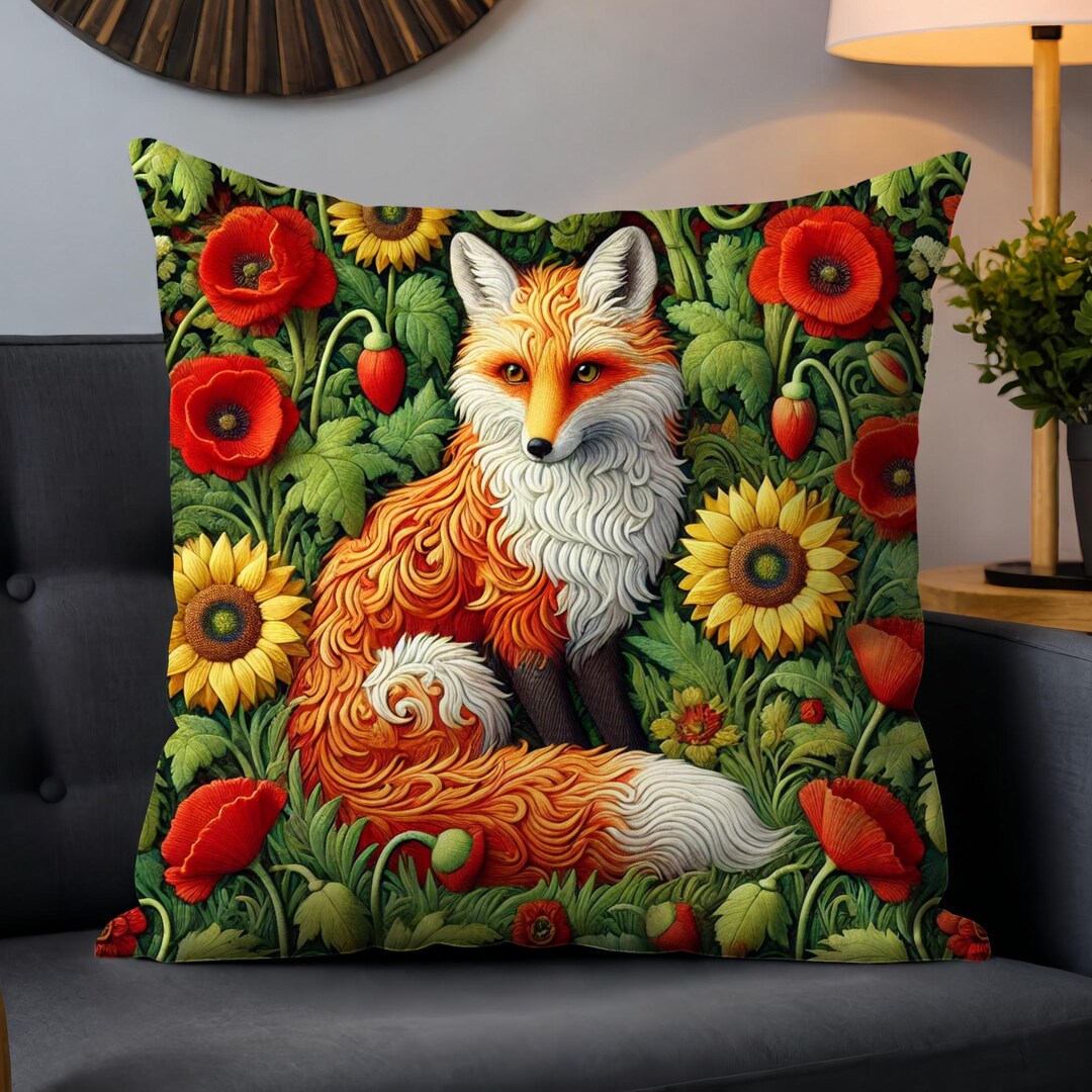 Woodland Fox Sunflower Poppy Field Pillow, Cozy Home Decor, Gift for ...
