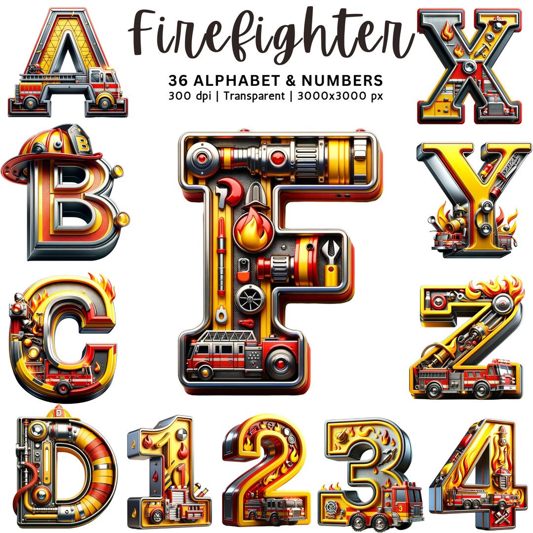 3D Firefighter Alphabet PNG, Firefighter Doodle Letters, 3D Fire Truck ...