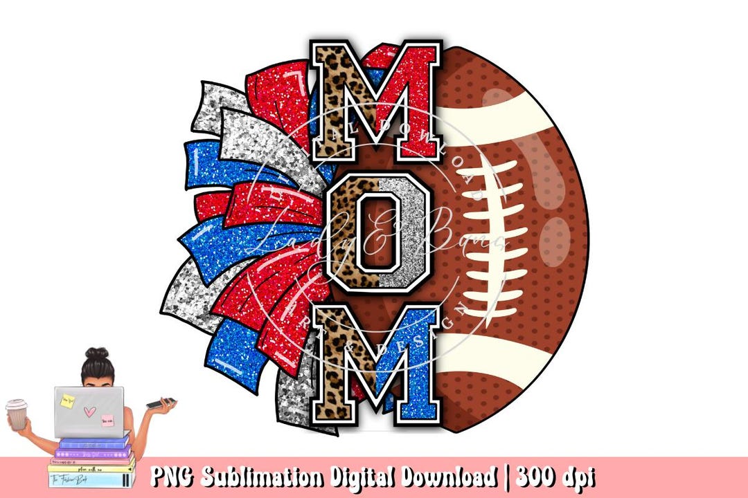 Football Leopard Cheer MOM Royal Blue and Red Pompom, Cheerleader Mom ...