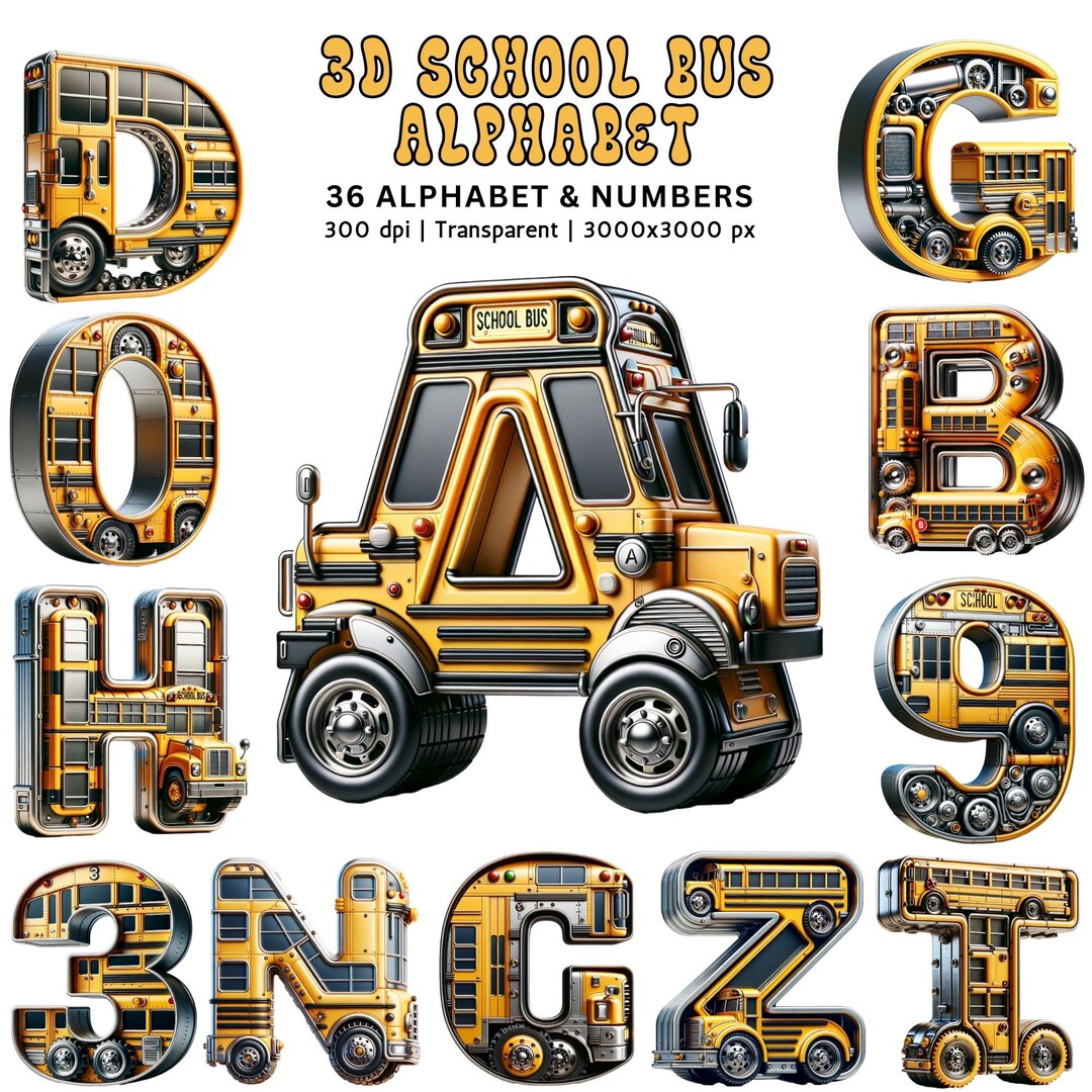 3D School Bus Alphabet Number PNG, Back to School Clipart Doodle ...