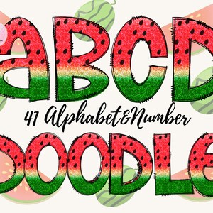 Glitter Watermelon Doodle Bundle PNG , Summer Alphabet Clipart Bundle ...