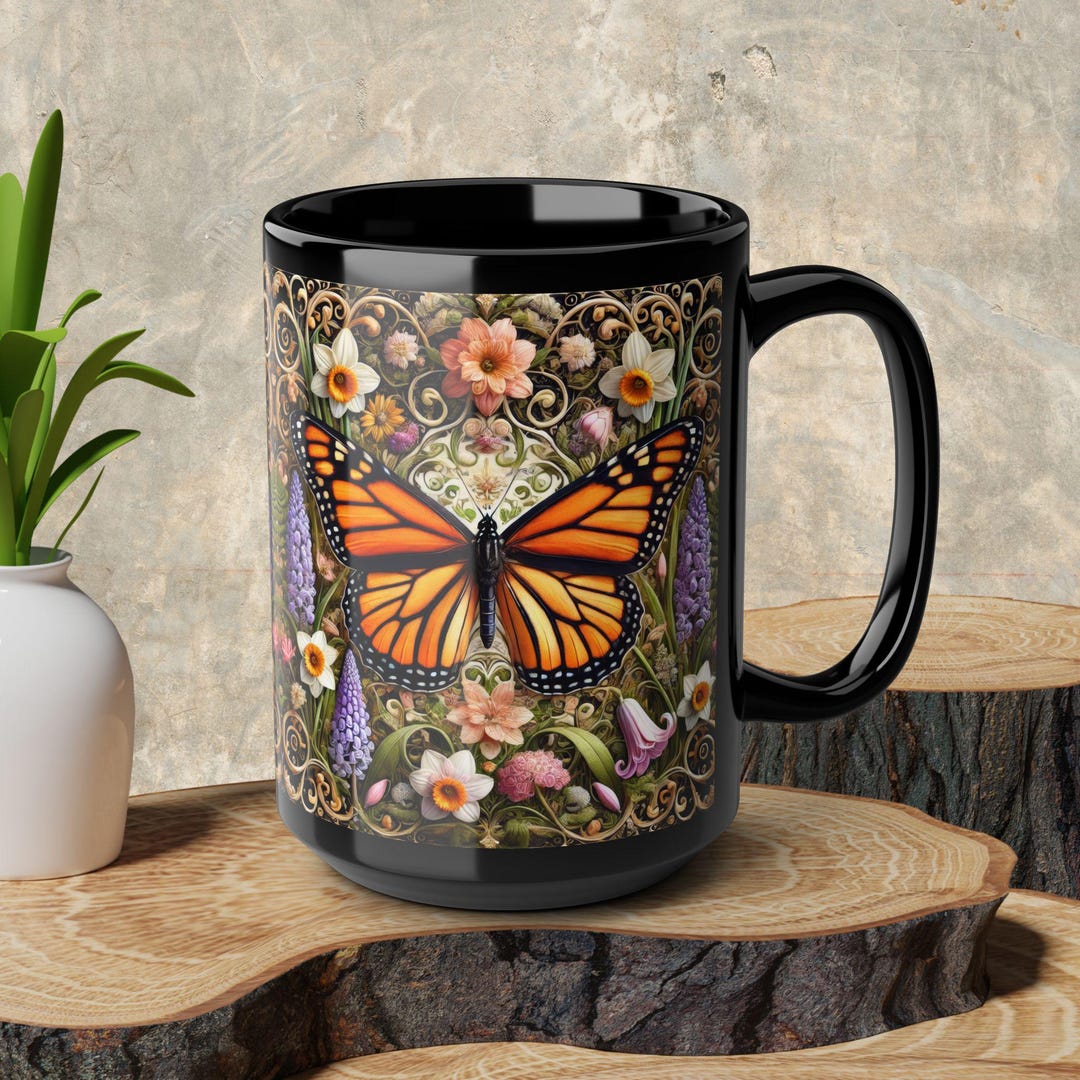 Monarch Butterfly Coffee Mug: Morris-style Floral Spring Garden - Etsy