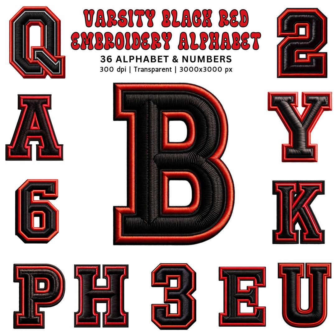 Varsity Black Red Faux Embroidery Sport Alphabet Number PNG, Sports ...