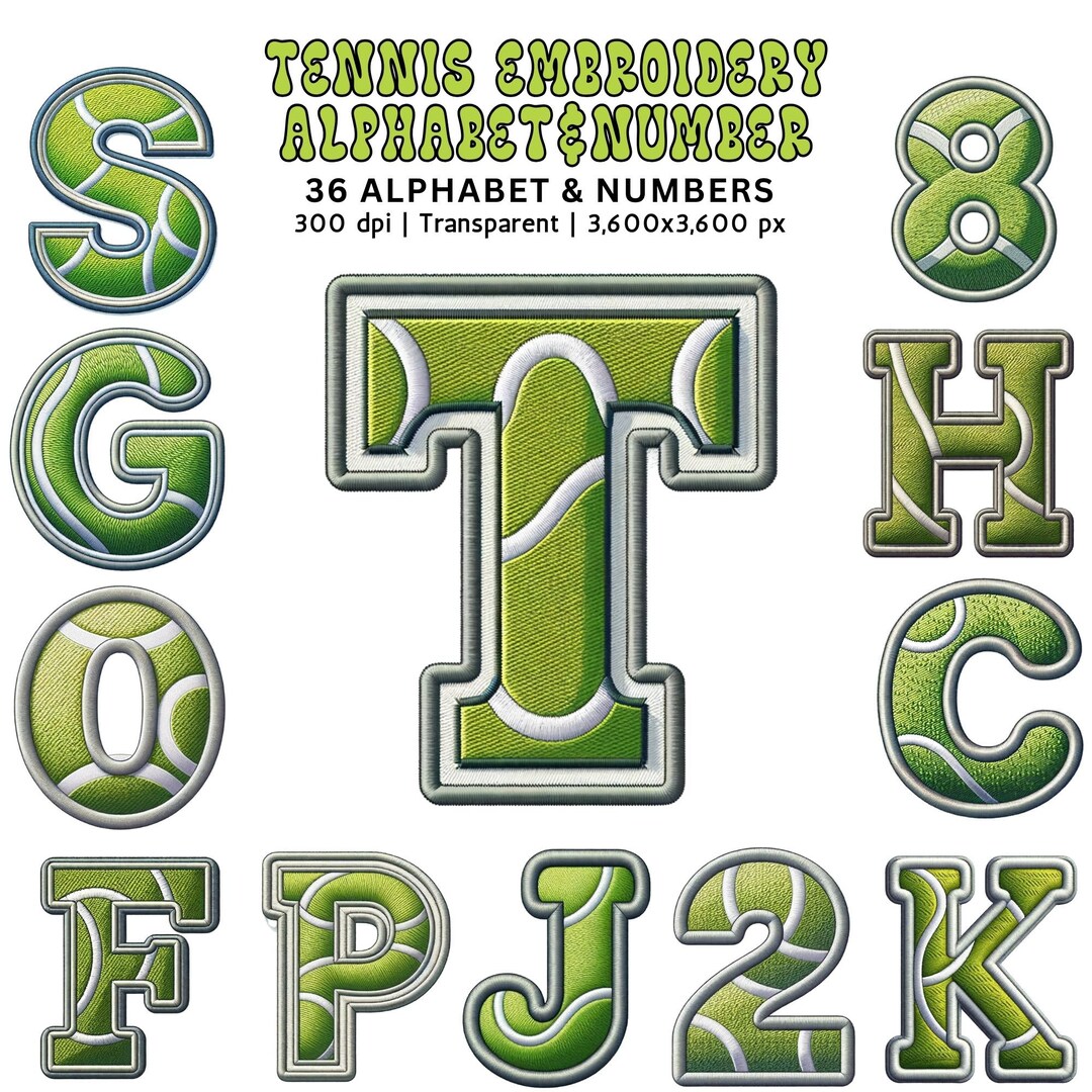 Tennis Faux Embroidery Doodle Alphabet Number PNG, Sports Alphabet ...