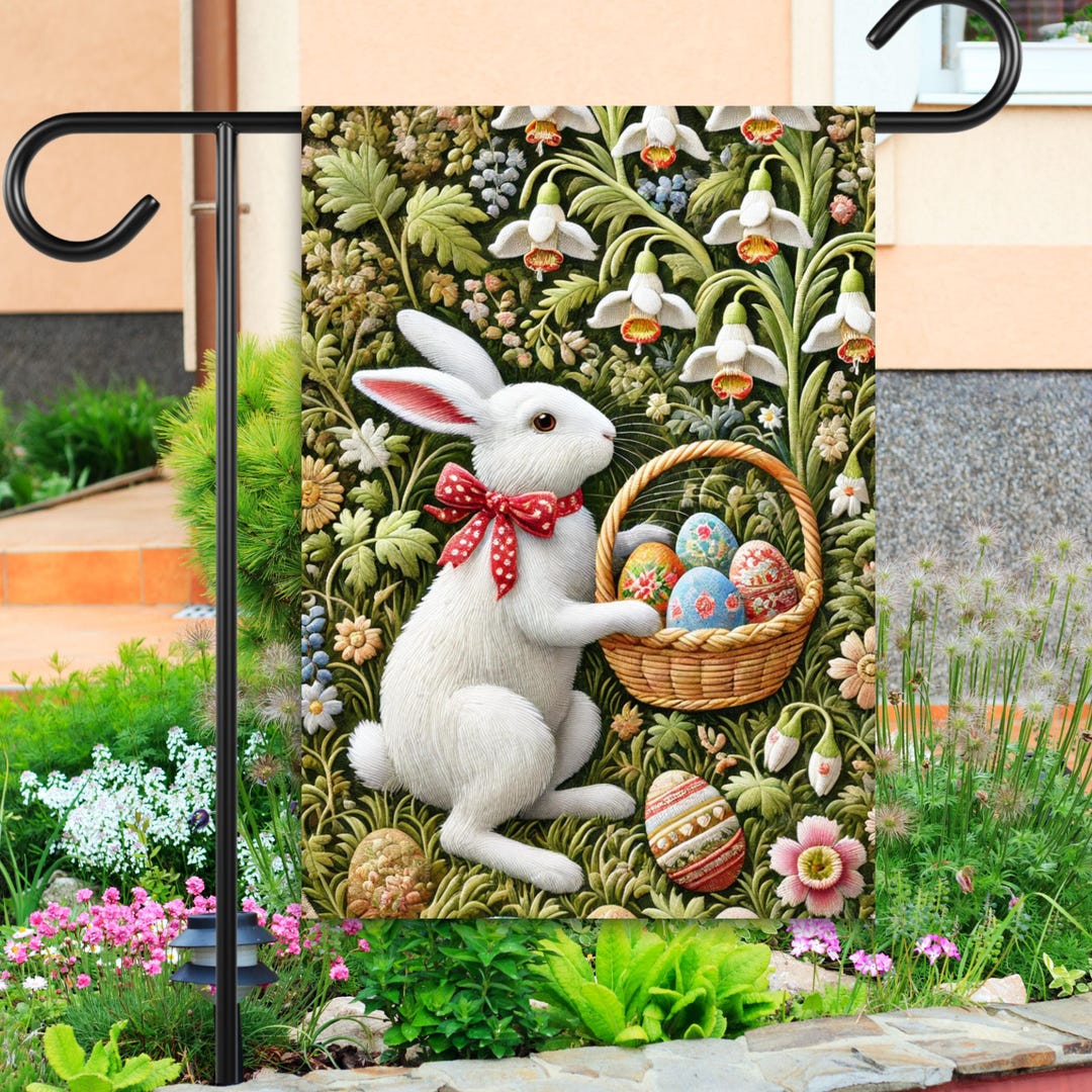 William Morris Easter Garden Flag: Whimsical Bunny With Red Bow - Etsy