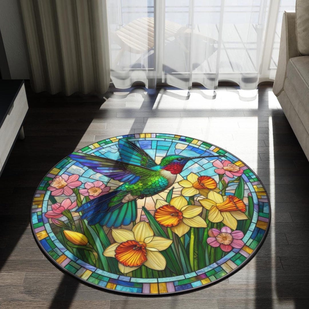 Hummingbird Round Rug: Faux Stained Glass Floral Area Carpet - Etsy