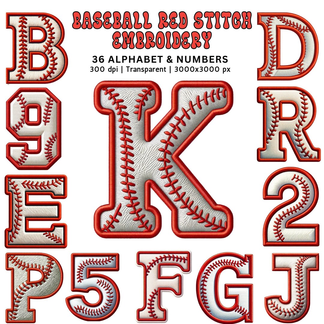 Baseball Red Stitch Embroidery Doodle Alphabet Number PNG, Sports ...