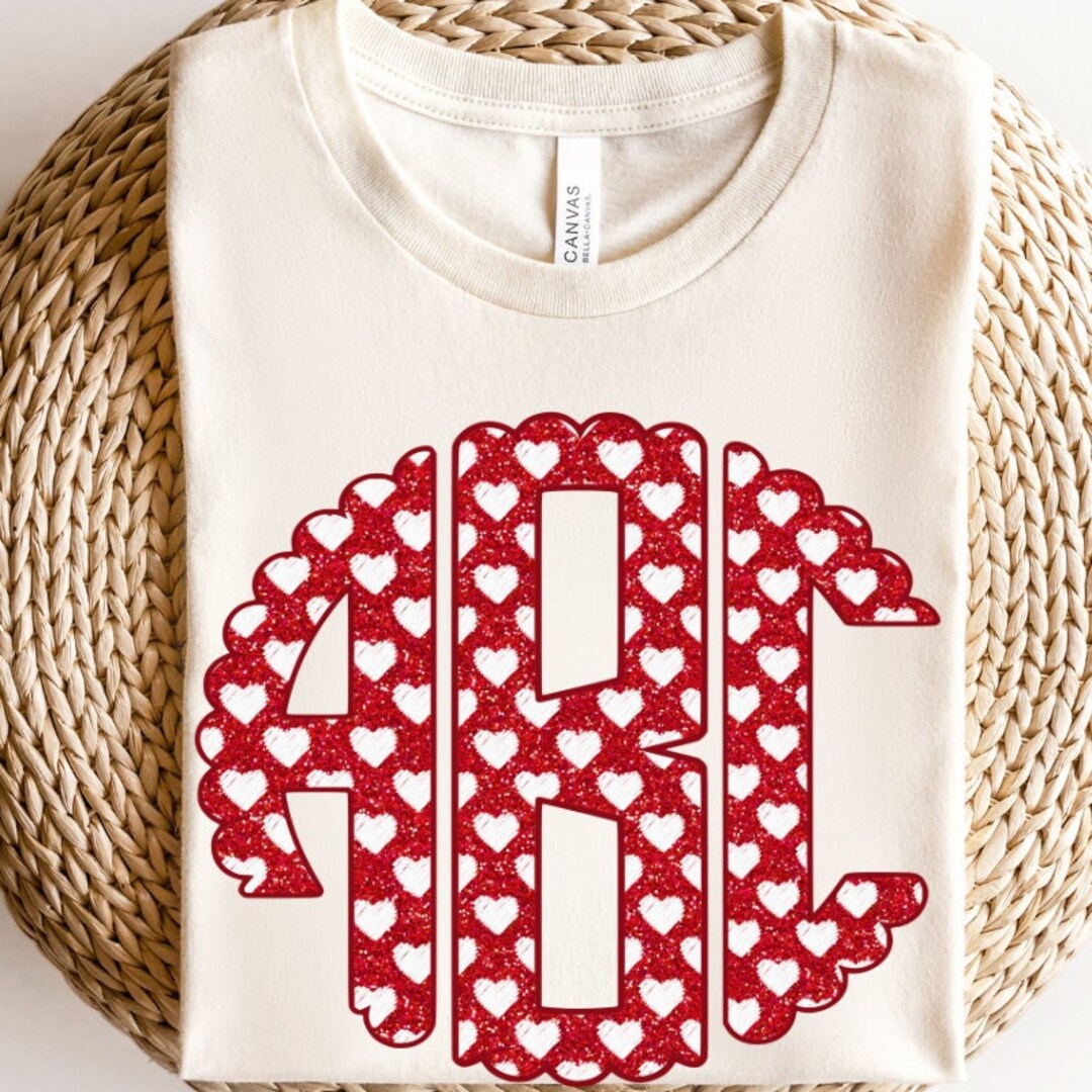 Valentine Red White Hearts Monogram Full Set, Scalloped Round Left ...