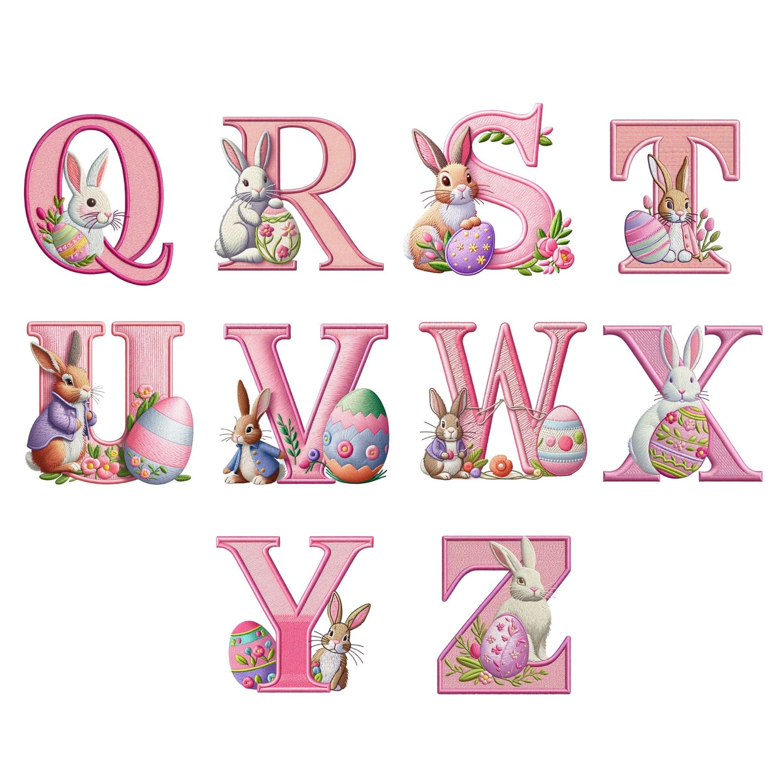 Pink Peter Rabbit Easter Egg Alphabet, Easter Spring Floral Embroidery ...