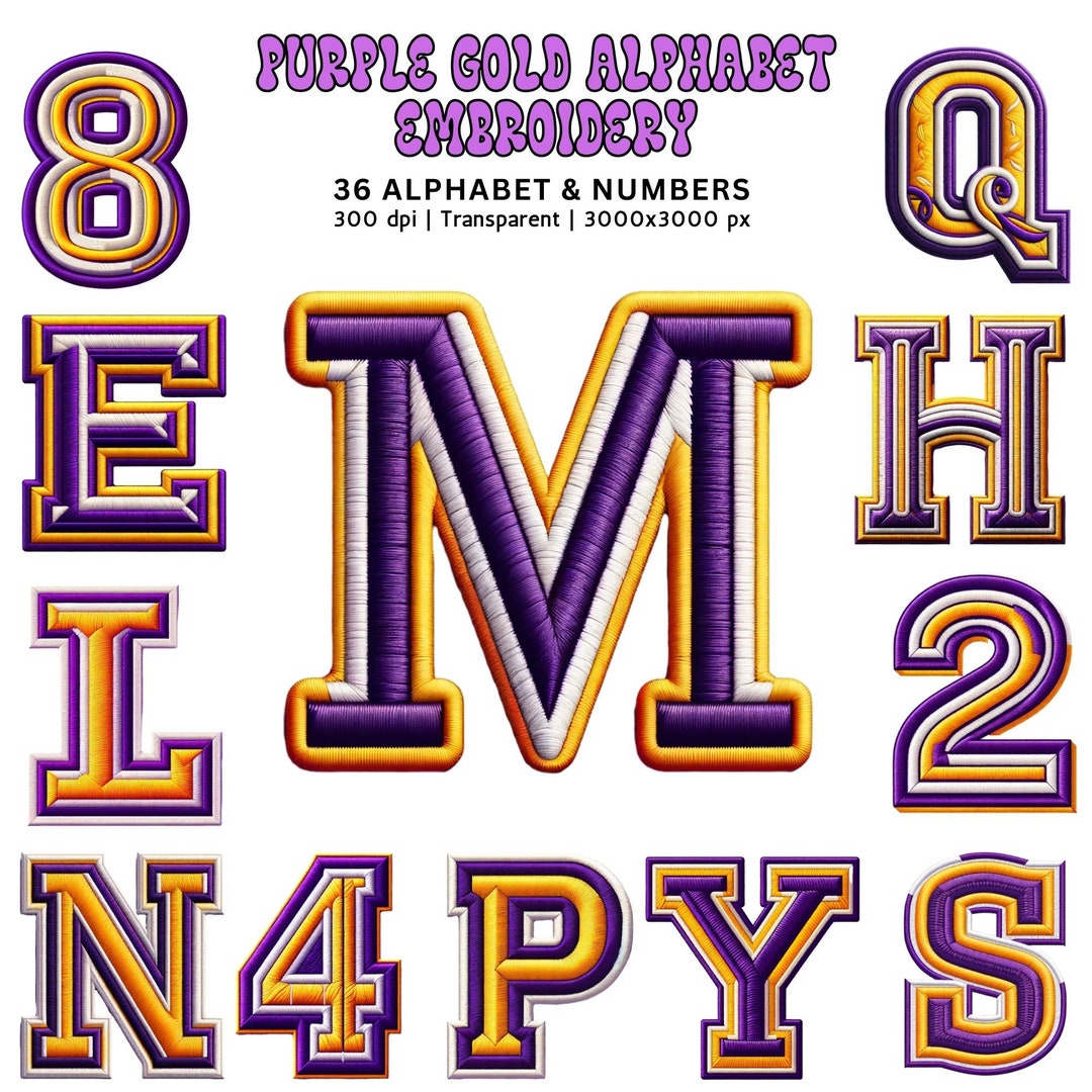 Varsity Embroidery Purple Yellow Sport Alphabet Number PNG, Sports ...