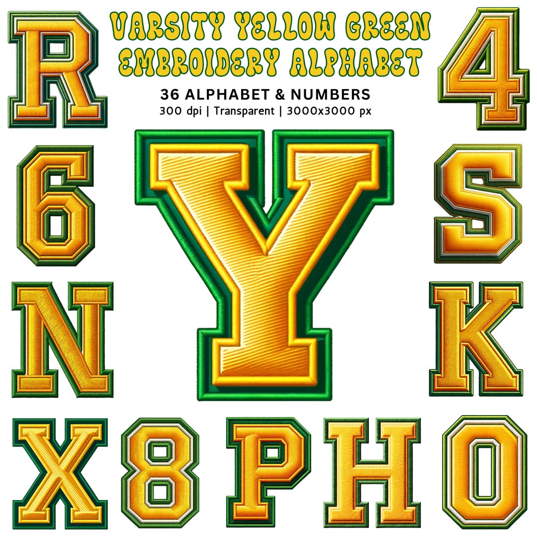 Varsity Embroidery Yellow Green Sport Alphabet Number PNG, Sports ...