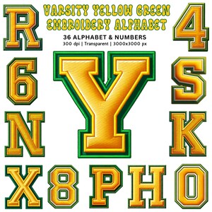 Varsity Embroidery Yellow Green Sport Alphabet Number PNG, Sports ...