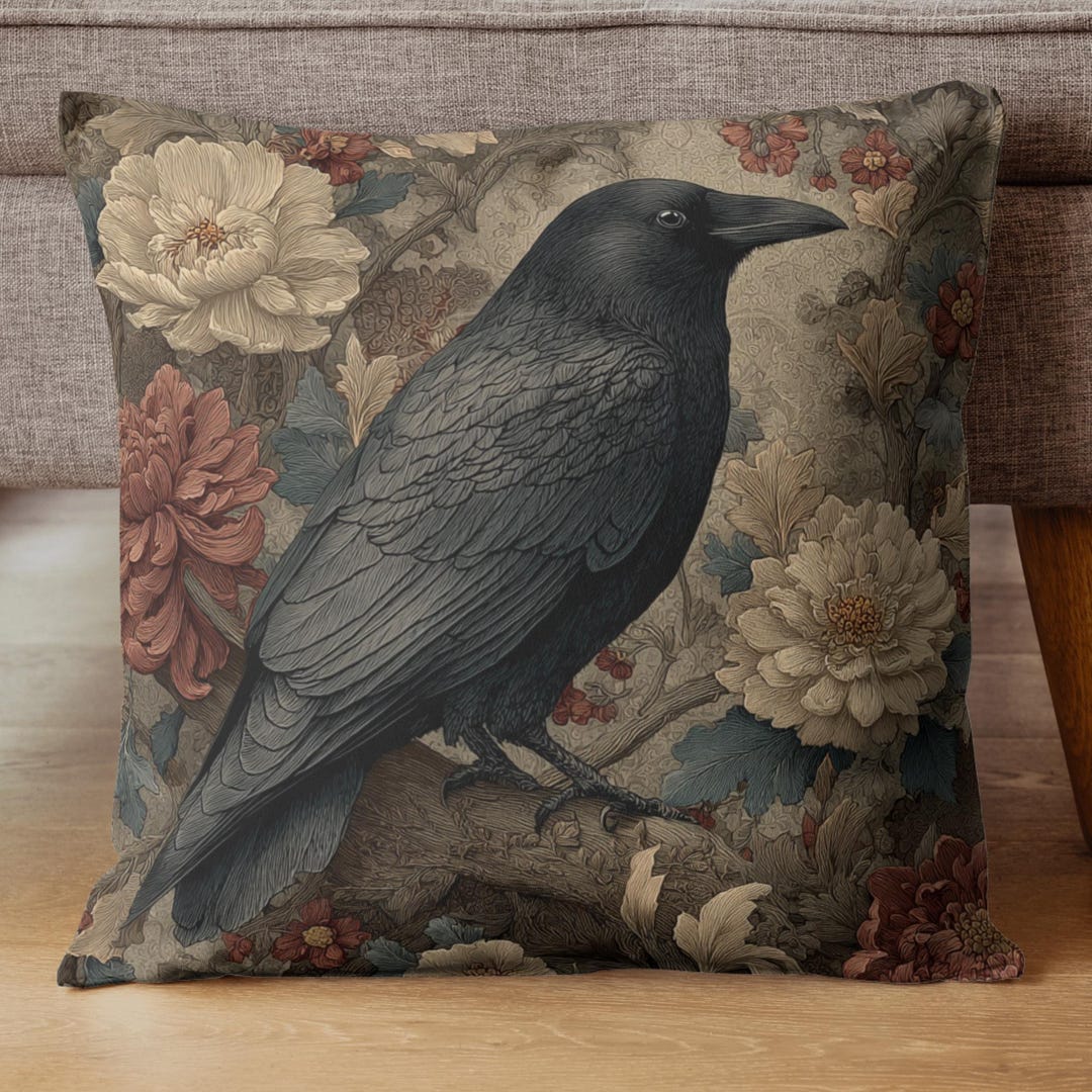William Morris Raven Pillow: Gothic Floral Crow Cushion, Dark Academia ...