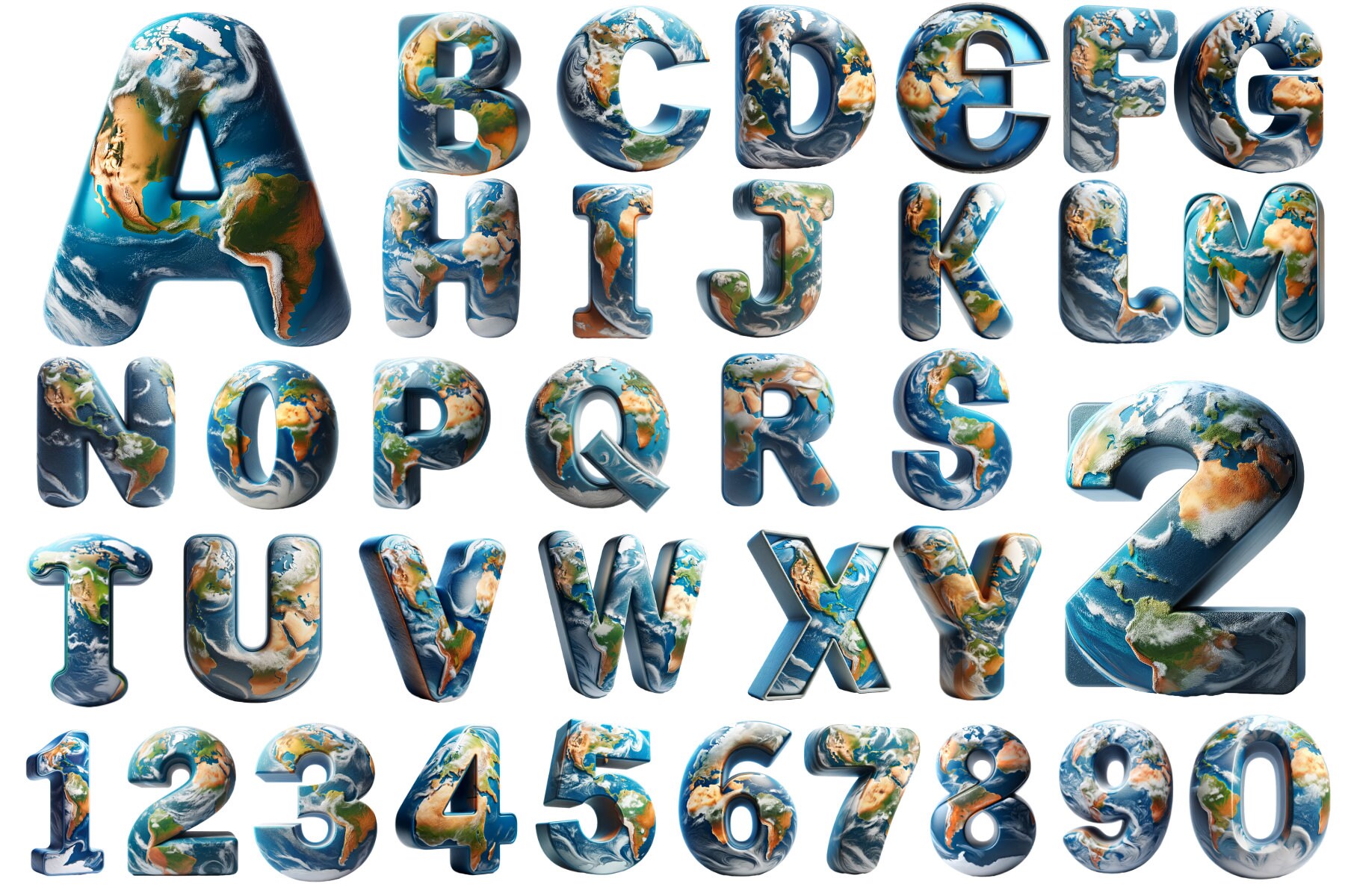 3D Earth Map Alphabet, Earth Clipart, Planet PNG, Earth' S Day Alphabet ...