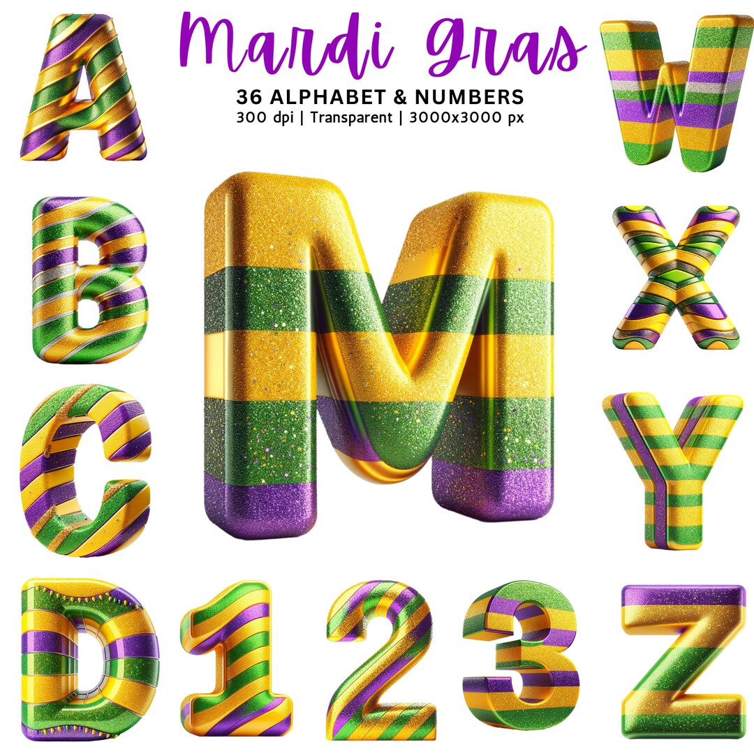 3D Mardi Gras Alphabet Number PNG Sublimation for Digital Download - Etsy