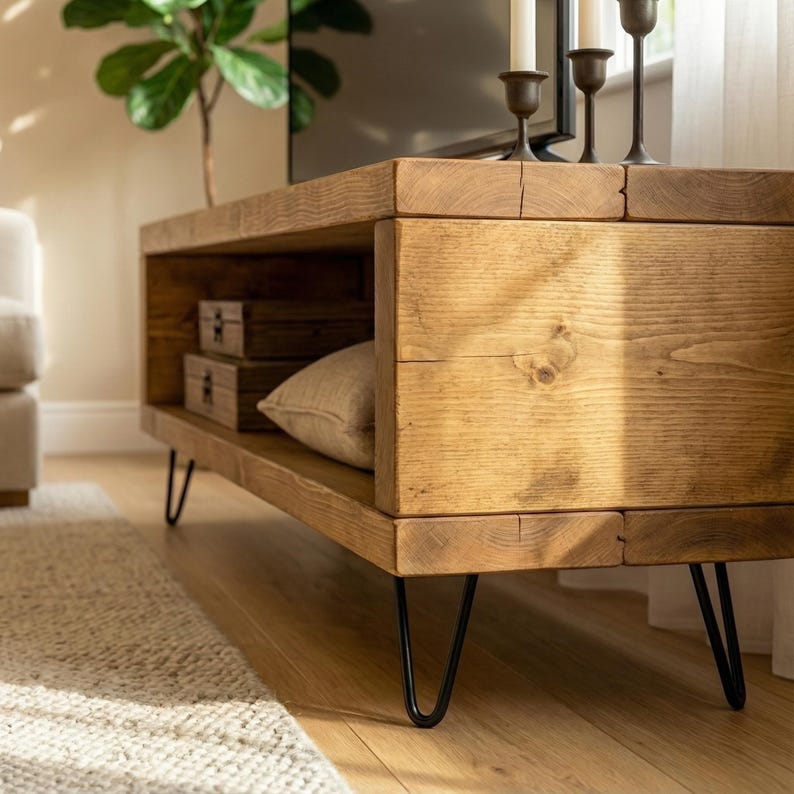 Solid Wood Chunky TV Unit With 7 Inch Metal Legs - Etsy UK