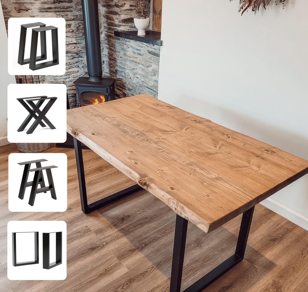 Waney / Live Edge Chunky Dining Table With U Shape Metal Legs, , Cross ...
