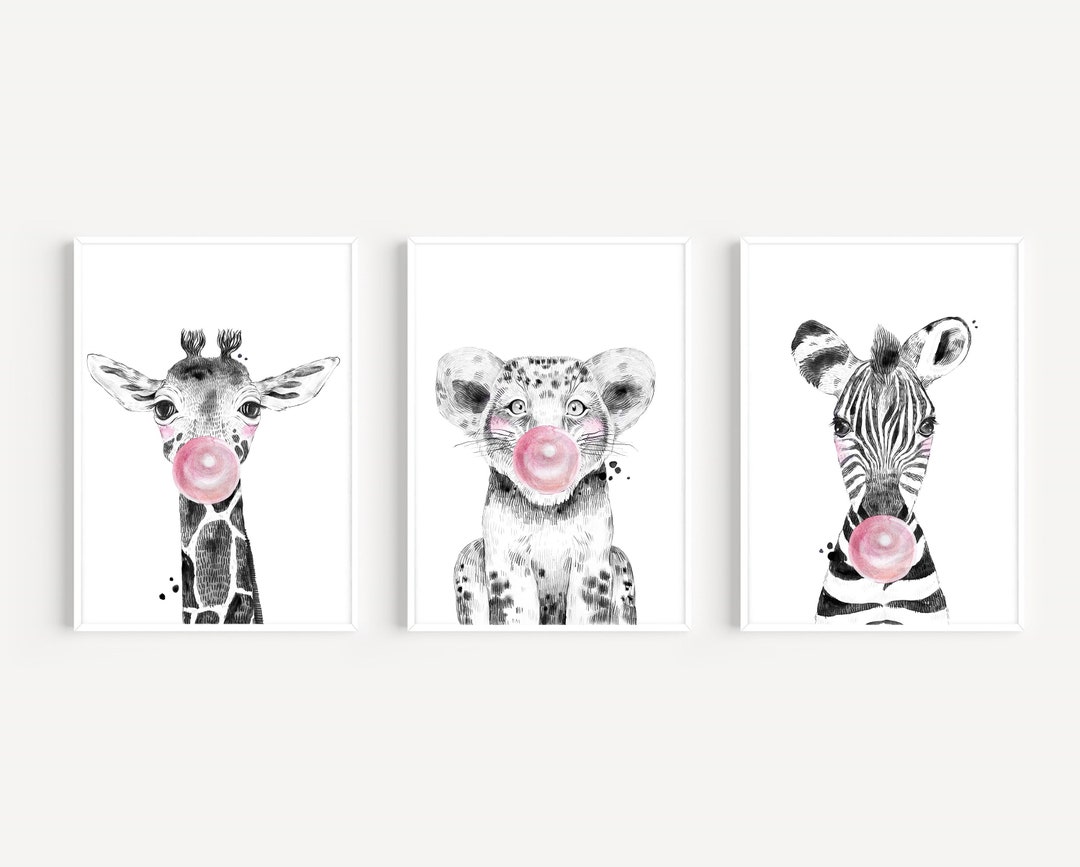 Bubblegum Safari Animal Prints, Girls Bedroom Prints, Nursery Prints ...