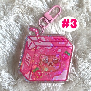 KAWAII DRINK KEYCHAIN Cute Holographic Stars Strawberry Soda Peach Milk ...