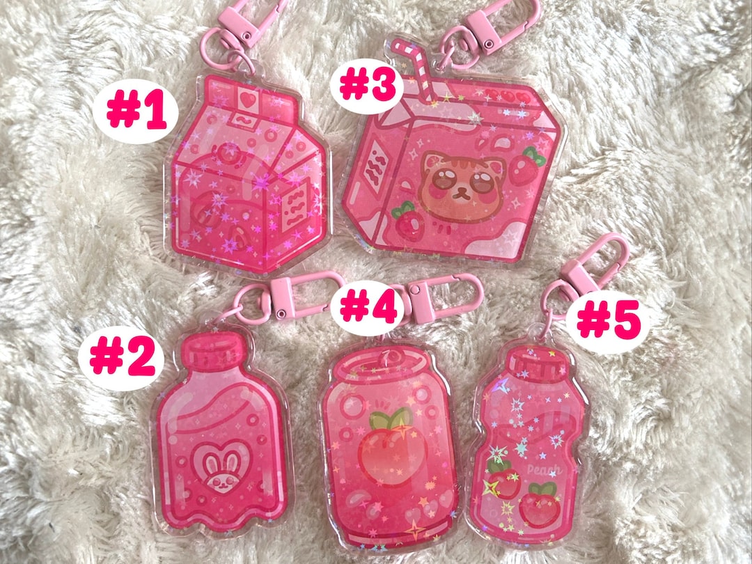 KAWAII DRINK KEYCHAIN Cute Holographic Stars Strawberry Soda Peach Milk ...
