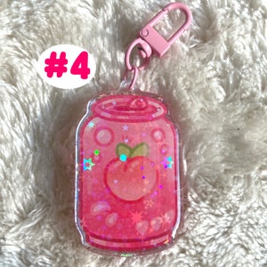 KAWAII DRINK KEYCHAIN Cute Holographic Stars Strawberry Soda Peach Milk ...