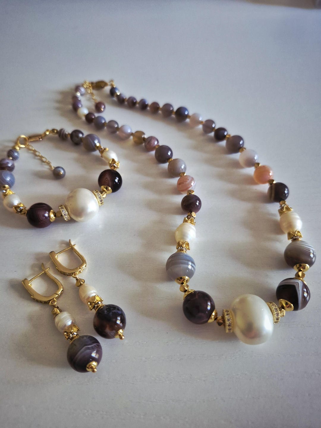 Agate Botswana and Shell Pearls 14K Gold Plated Necklace, Bracelet and ...