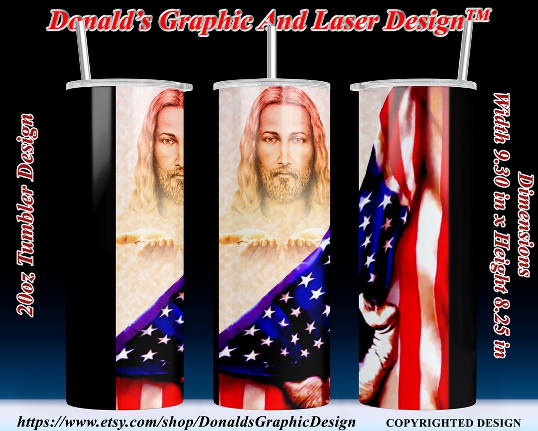 20 Oz Skinny Tumbler | Jesus Welcomes All Hand Pulling Flag | Digital ...