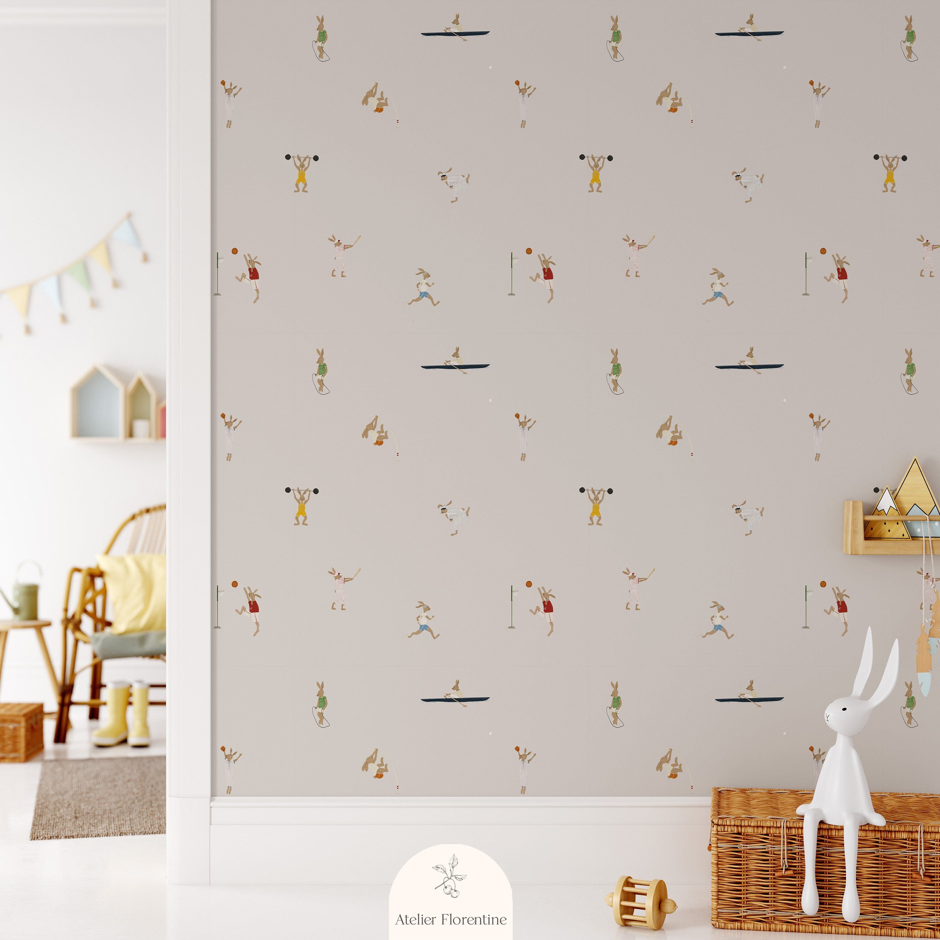 Wallpaper Sports Bunnies - Beige - Etsy