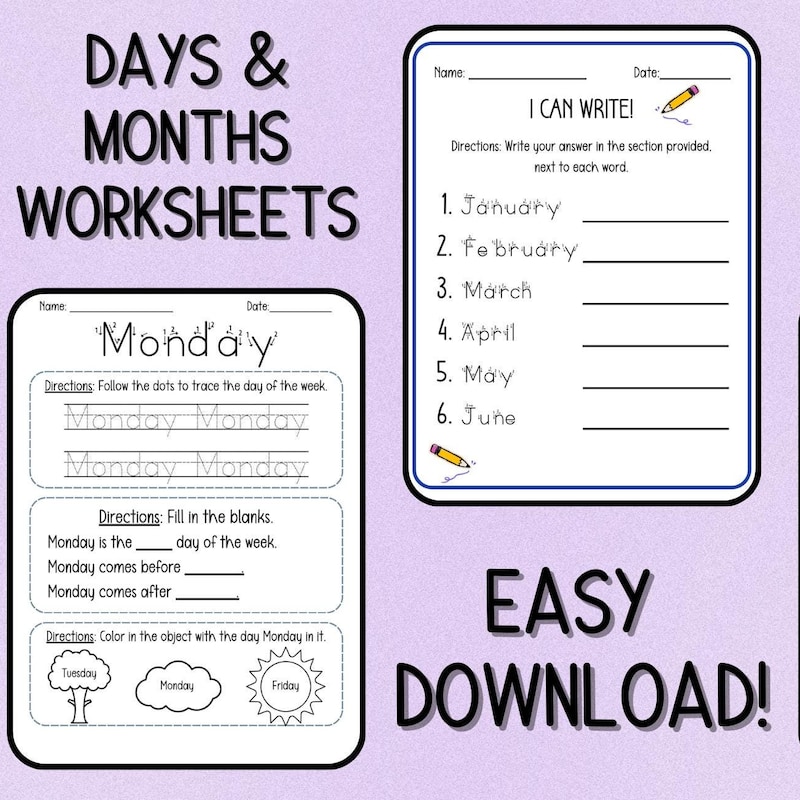 Months and Days Worksheets - Etsy
