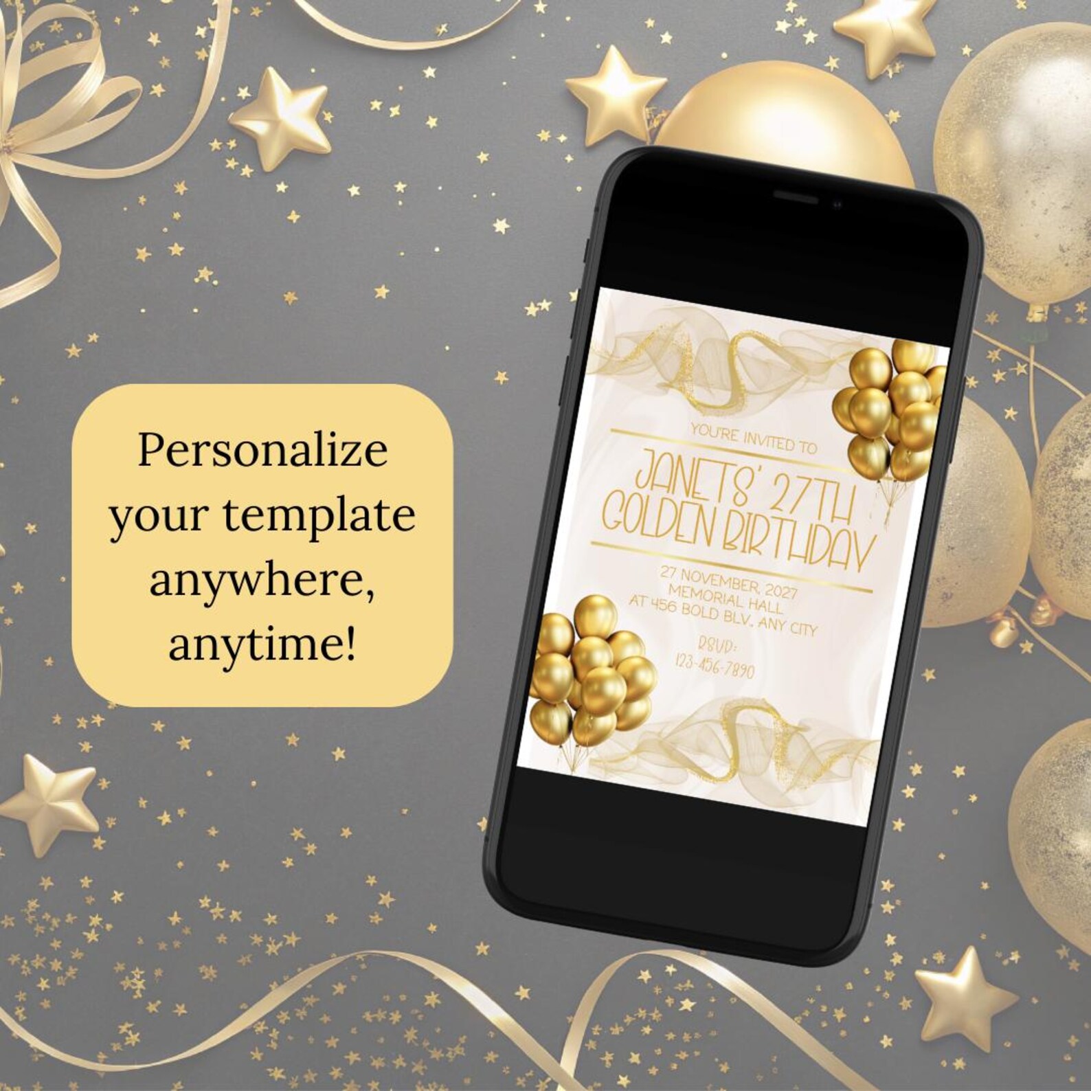 Golden Birthday Invitation Template | Editable Gold Canva Party Invite ...