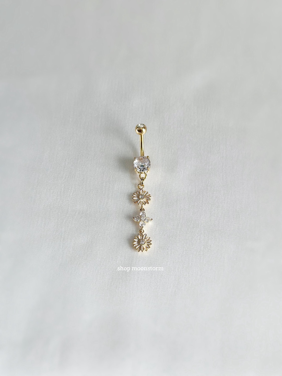 14G Gold Diamond Flower Dangle Belly Ring Surgical Steel Stainless ...