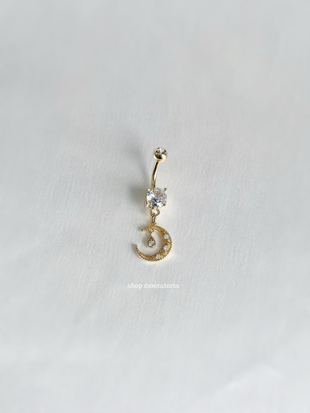14G Gold Moon Dangle Belly Ring Surgical Steel Stainless Silver CZ ...