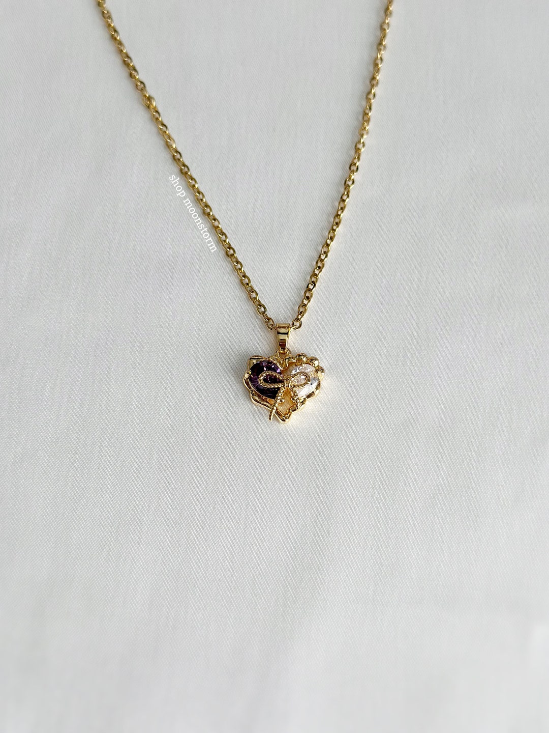 24k Gold Filled Ribbon Bow Amethyst Crystal Necklace Unisex Stainless ...