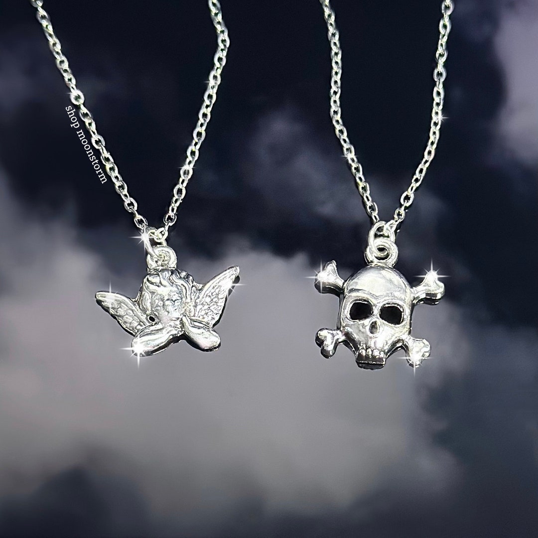 Silver Angel & Skull Rolo Chain Necklace Mismatch Stainless Steel ...
