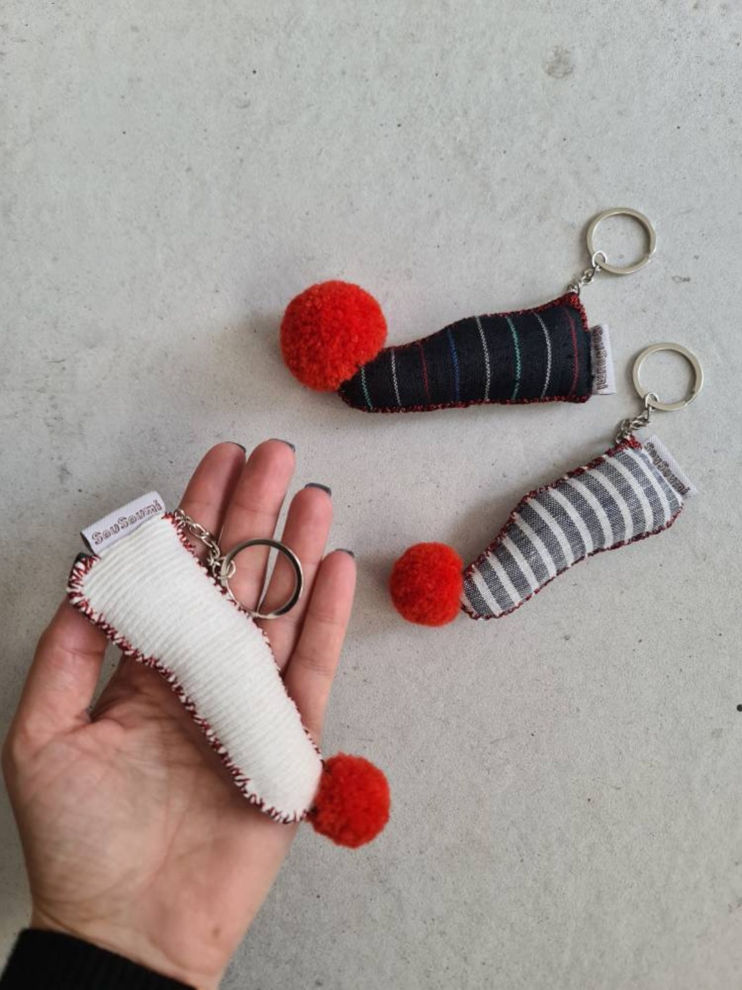 FABRIC KEYHOLDER, GREECE Keychain, Tsarouchi With Handmade Red Pom Poms ...