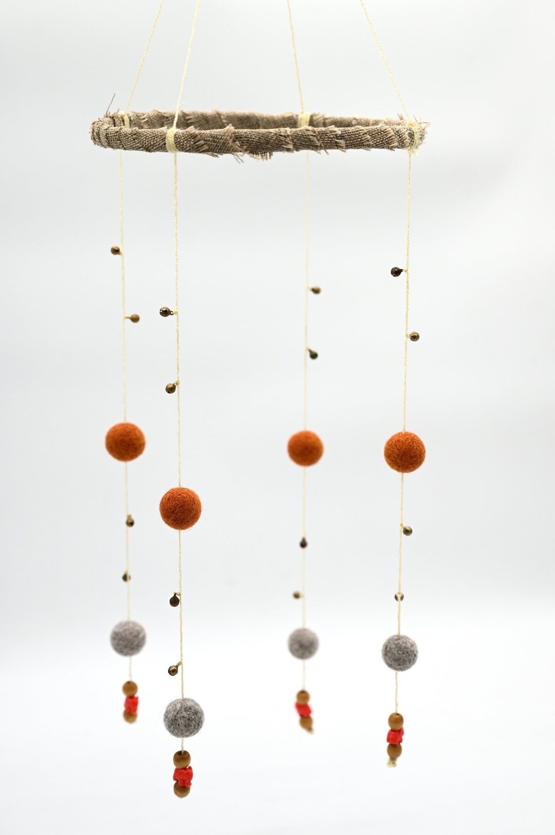 CUTE CEILING MOBILE, Needle Felted Balls, Wreath Mobile With Mini Bells ...
