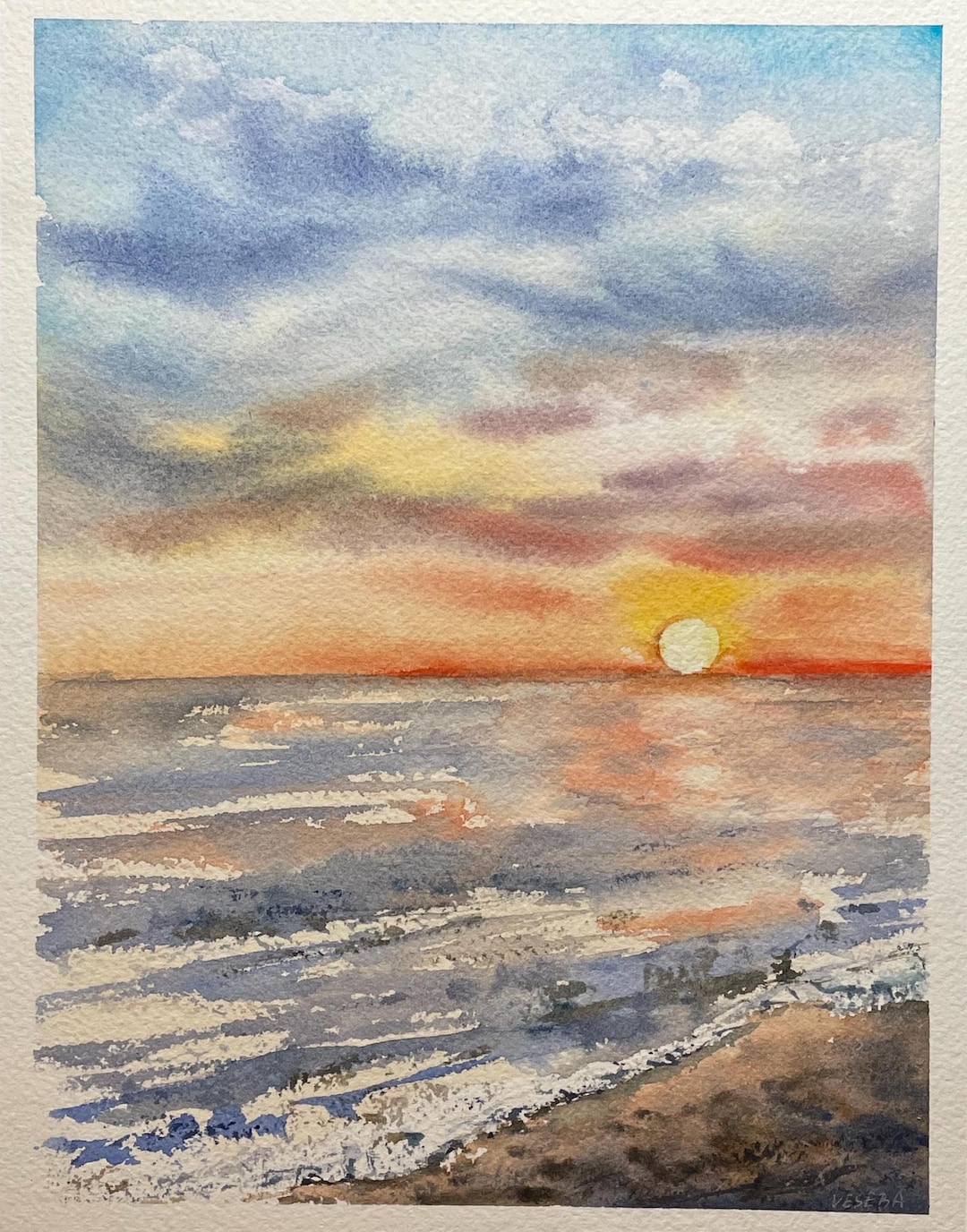Original Watercolor Painting Seascape Ocean Sea Waves Sunset 7x9 Inches ...