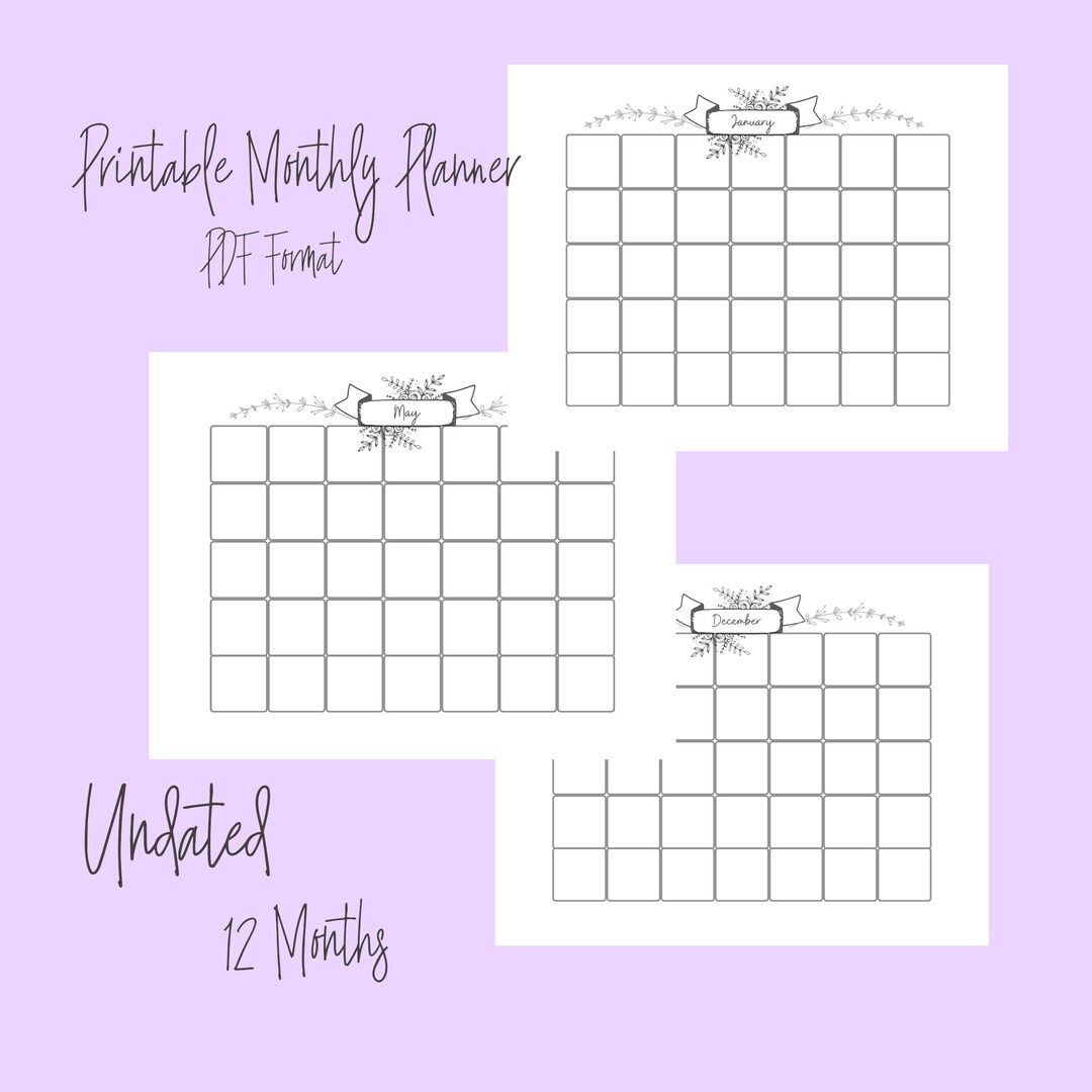 Printable Monthly Calendar Planner Undated Floral Minimalist Design 12 ...