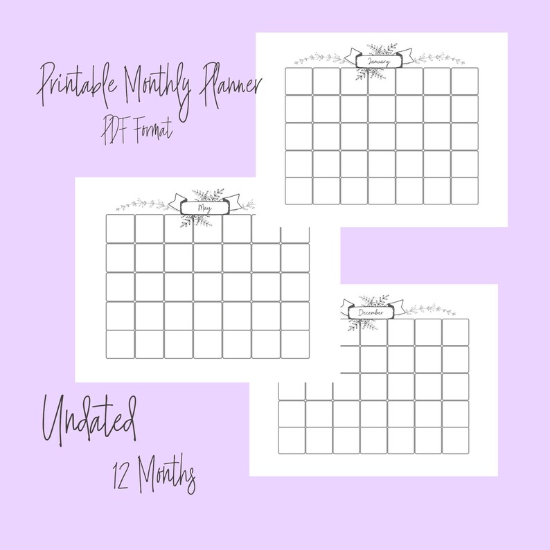 Printable Monthly Calendar Planner Undated Floral Minimalist Design 12 ...