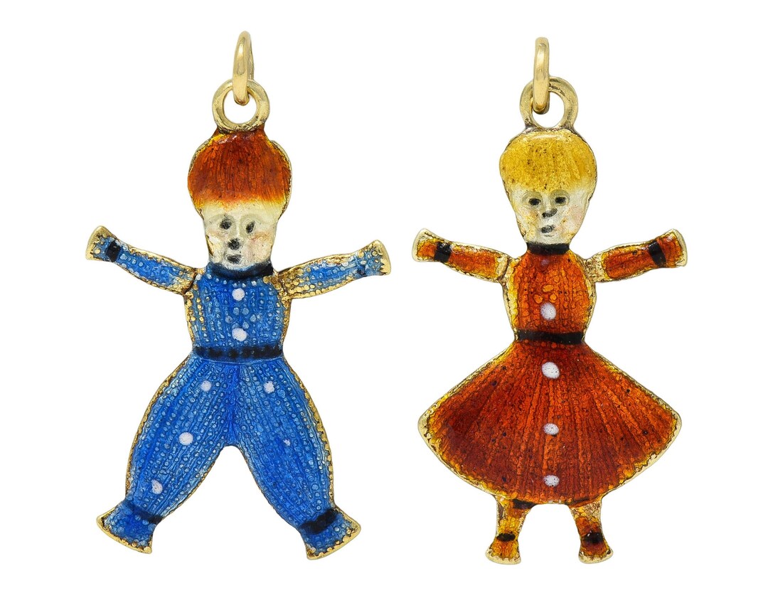 Art Deco Enamel 18 Karat Yellow Gold Two Children Antique 1920's Charms - Etsy