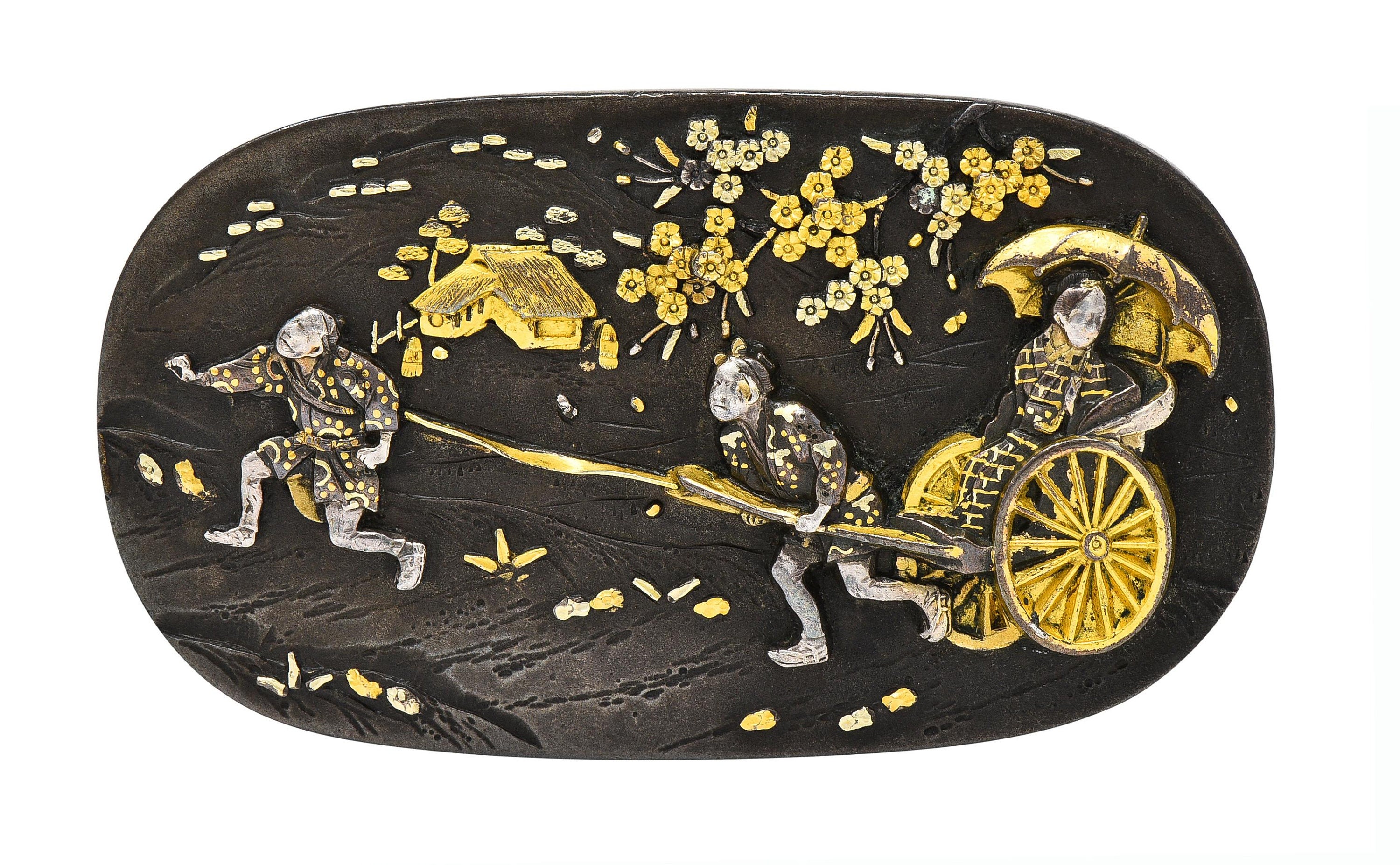 Victorian Japanese 18 Karat Yellow Gold Silver Shakudo Antique Brooch ...