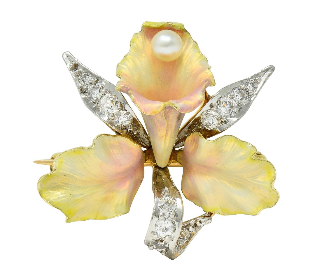 Art Nouveau Diamond Pearl Enamel Platinum 14 Karat Gold Daffodil ...