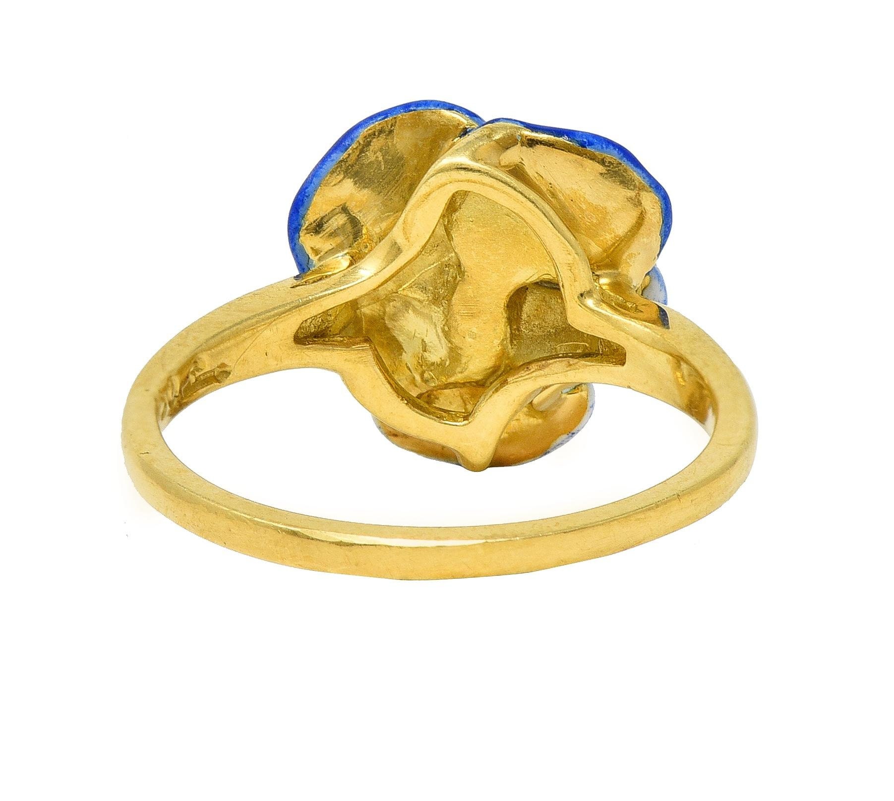 Larter & Sons Art Nouveau Pearl Enamel 18 Karat Yellow Gold Pansy Ring - Etsy