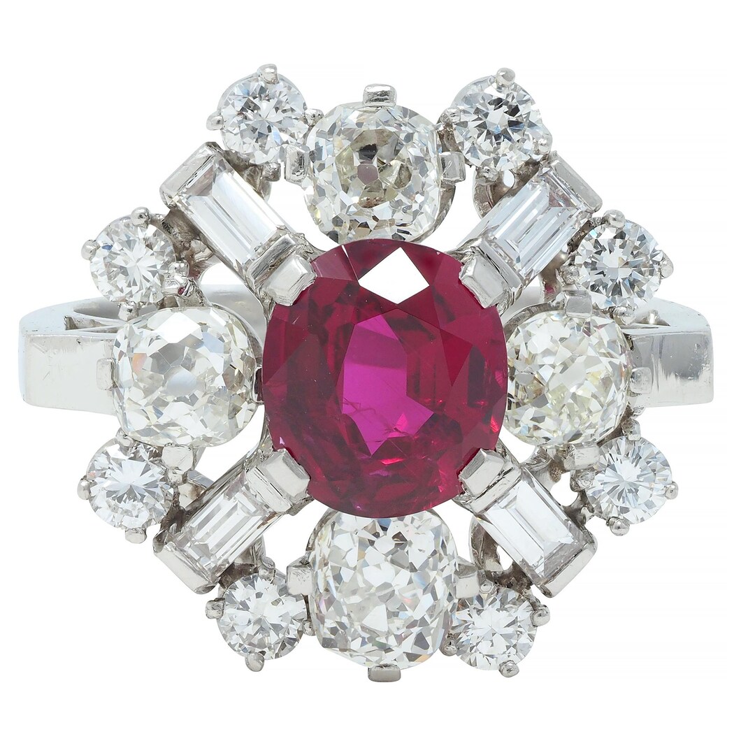 1950's Vintage 4.53 CTW Thai Ruby Diamond Platinum Burst Cluster Ring ...