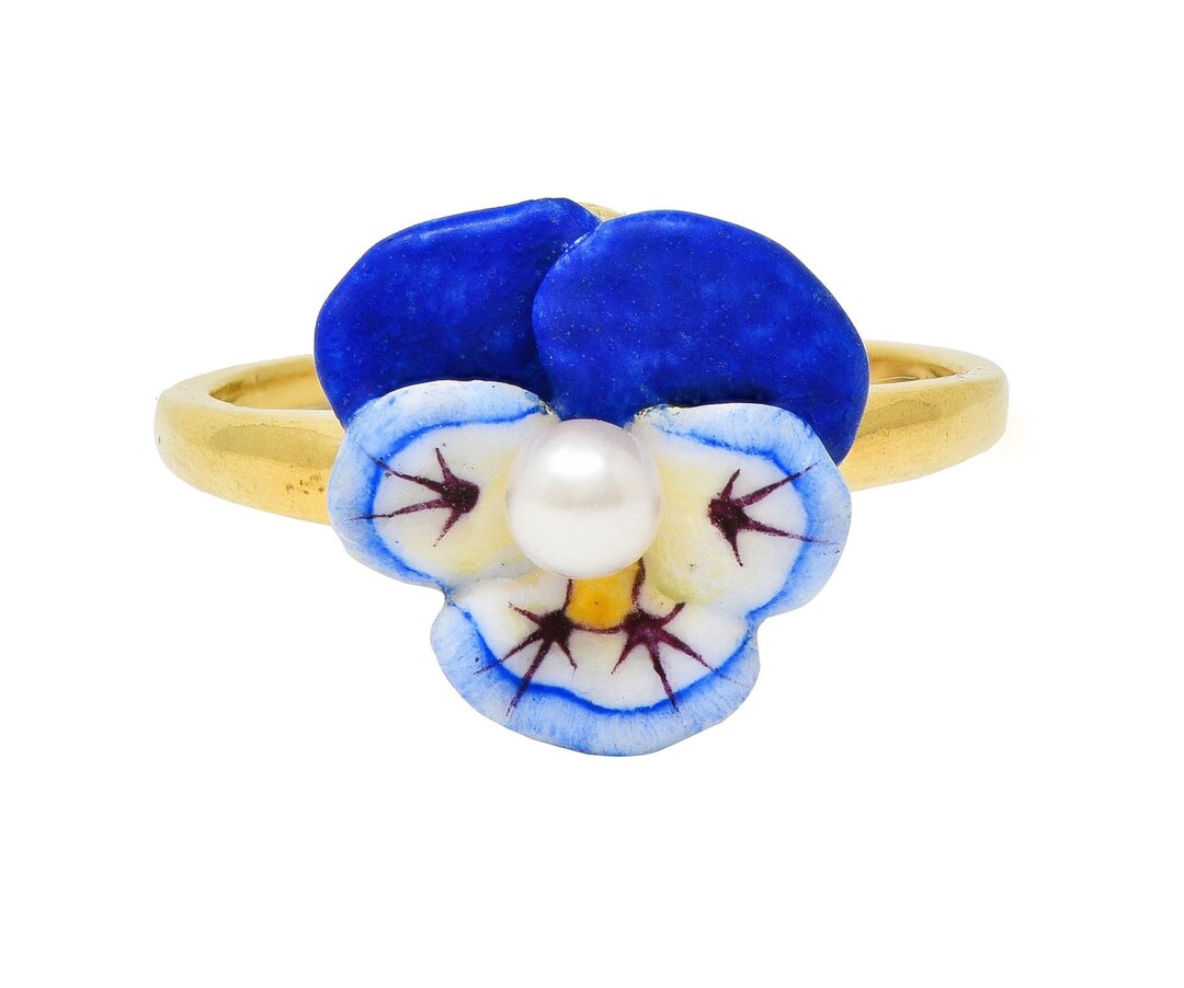 Larter & Sons Art Nouveau Pearl Enamel 18 Karat Yellow Gold Pansy Ring - Etsy