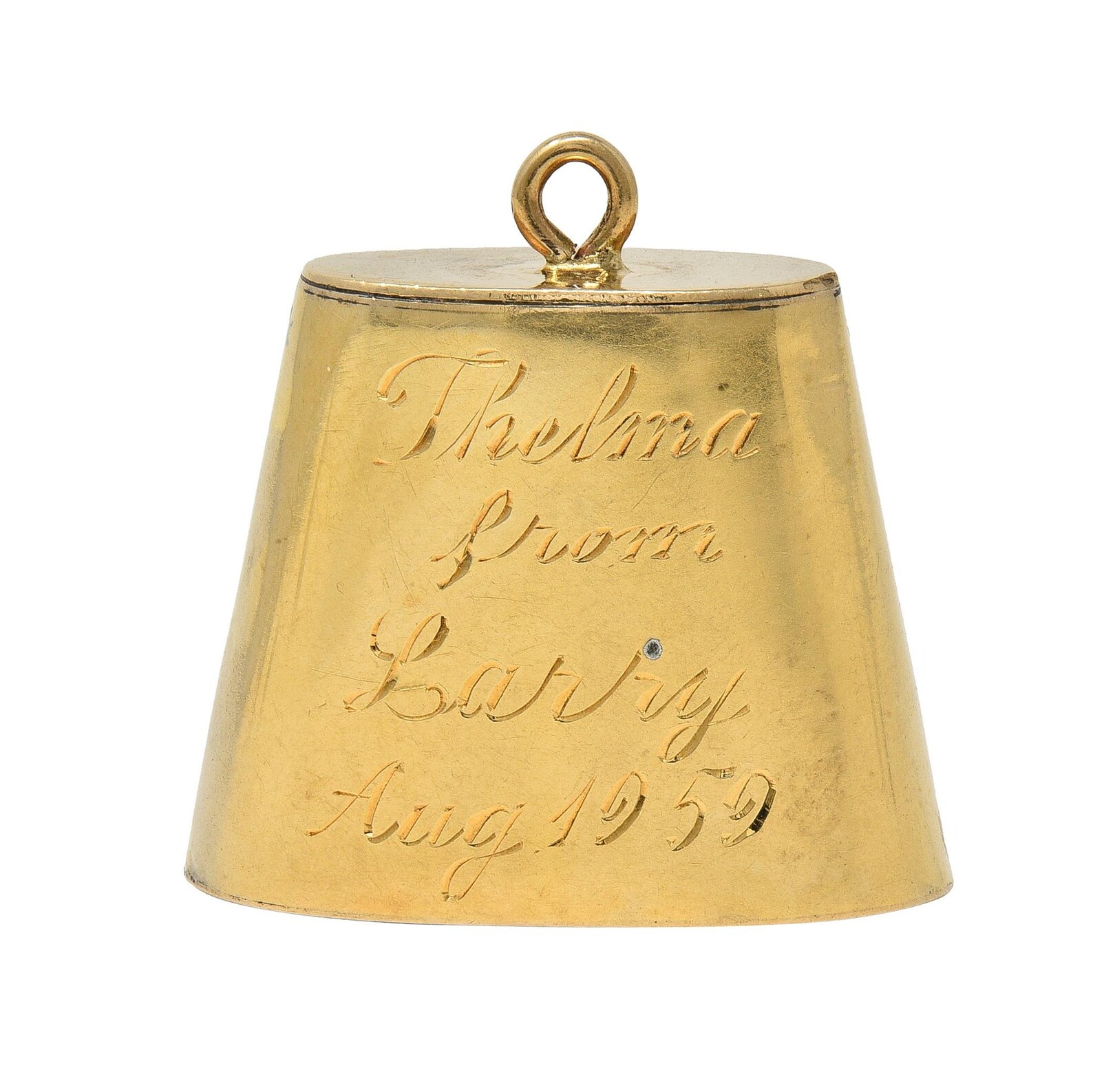1959 Enamel 14 Karat Yellow Gold Engraved Belt Motif Vintage Cowbell ...