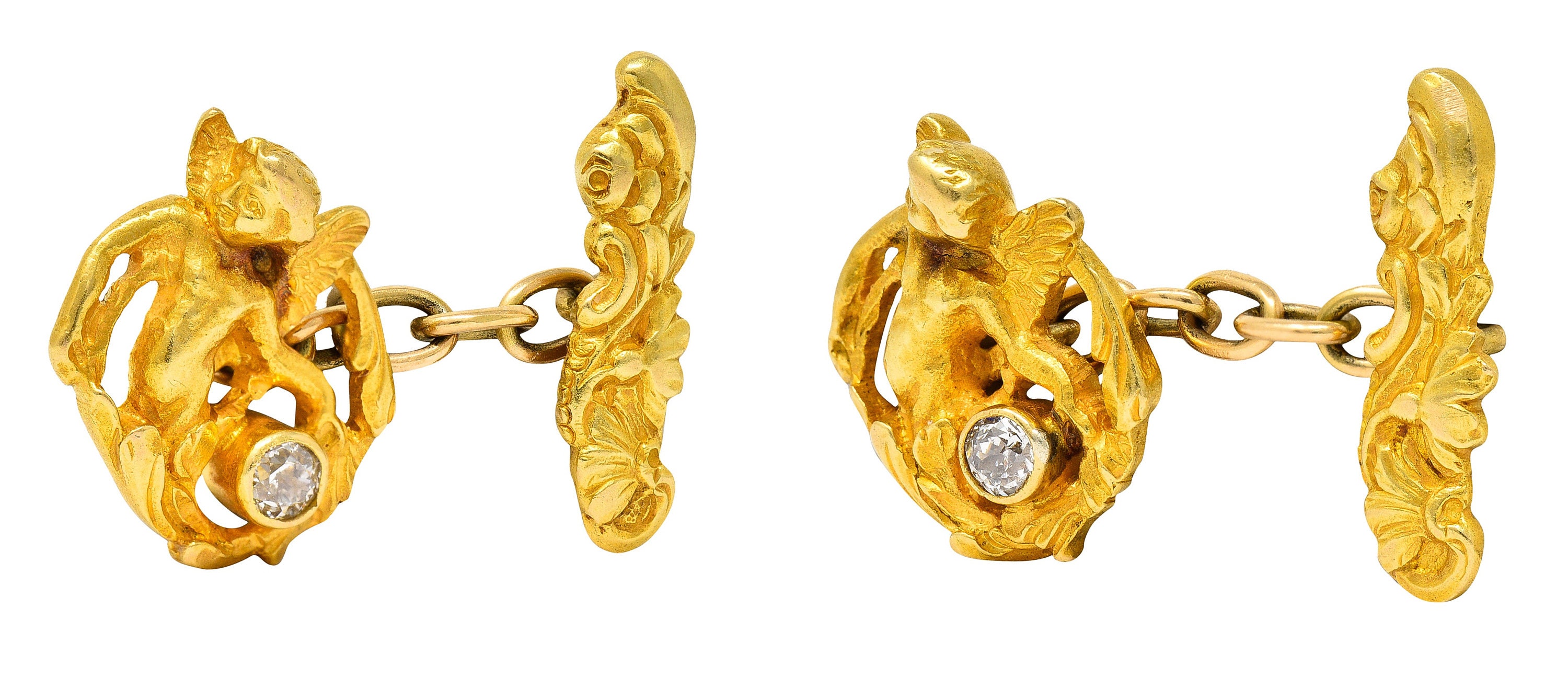 Art Nouveau Diamond 18 Karat Yellow Gold Cupid Men's Antique Cufflinks ...