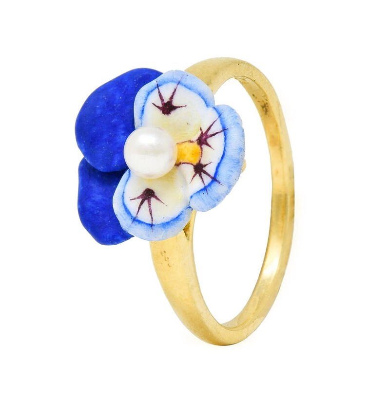 Larter & Sons Art Nouveau Pearl Enamel 18 Karat Yellow Gold Pansy Ring - Etsy