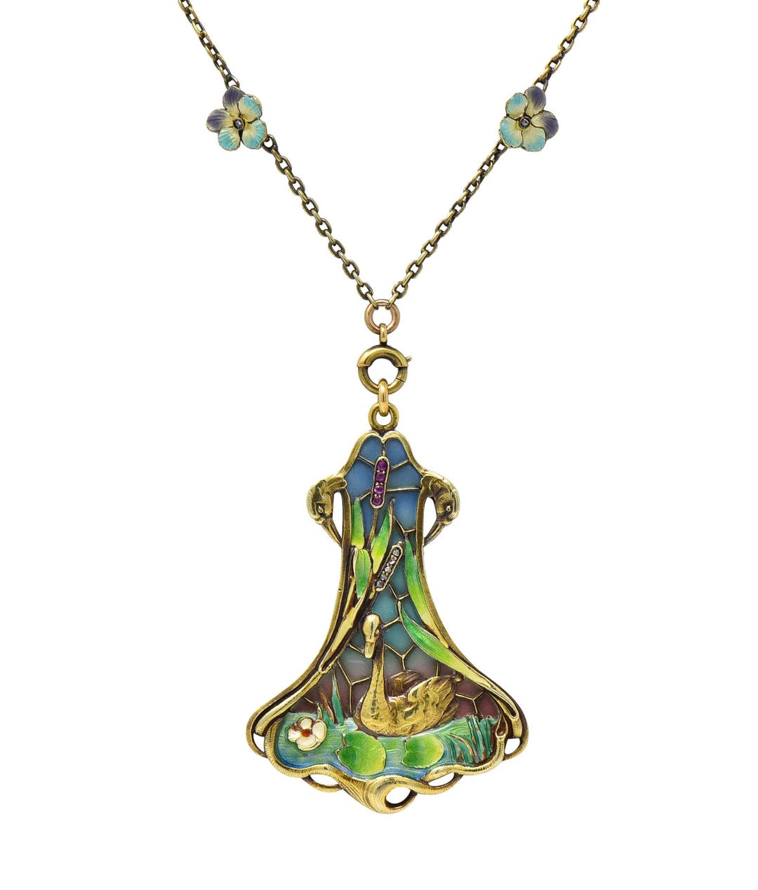 Art Nouveau Plique-a-jour Enamel 14 Karat Gold Antique Swan Pendant ...