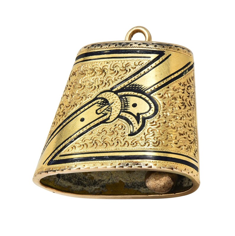 1959 Enamel 14 Karat Yellow Gold Engraved Belt Motif Vintage Cowbell ...
